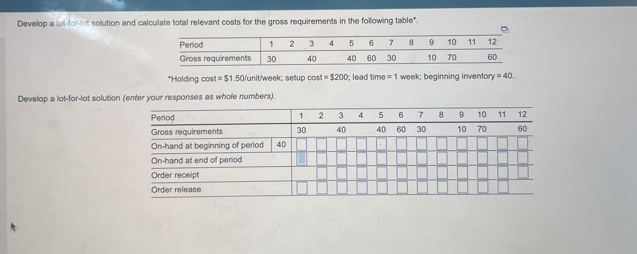 Develop a lot-for-lot solution and calculate total | Chegg.com