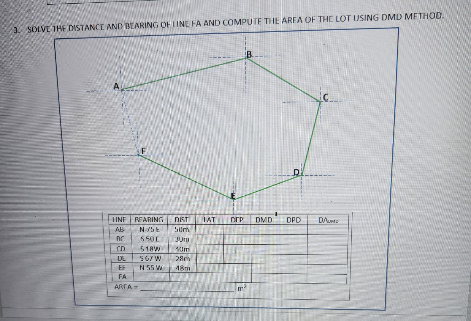Solved 3. SOLVE THE DISTANCE AND BEARING OF LINE FA AND | Chegg.com