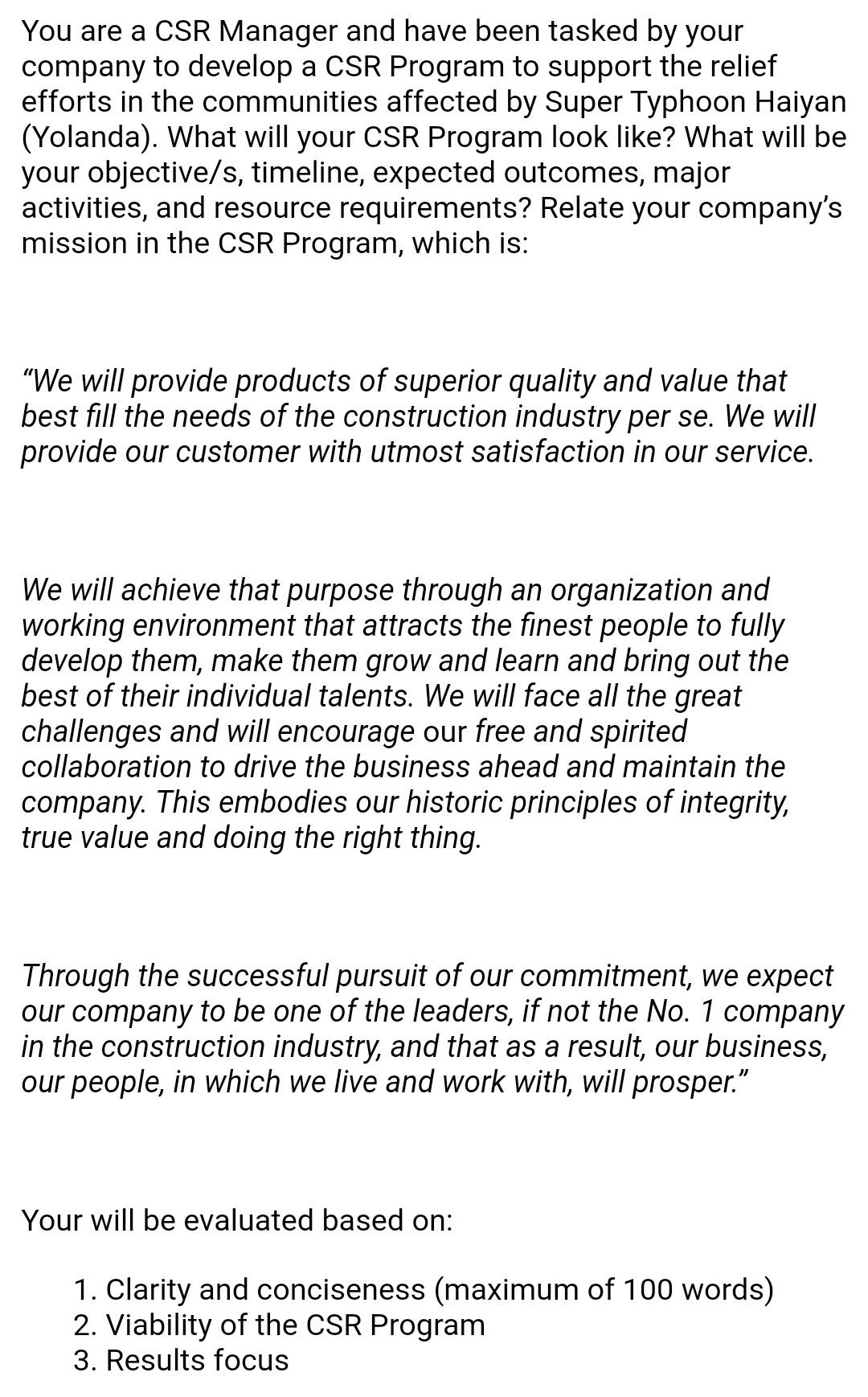 Solved You are a CSR Manager and have been tasked by your | Chegg.com