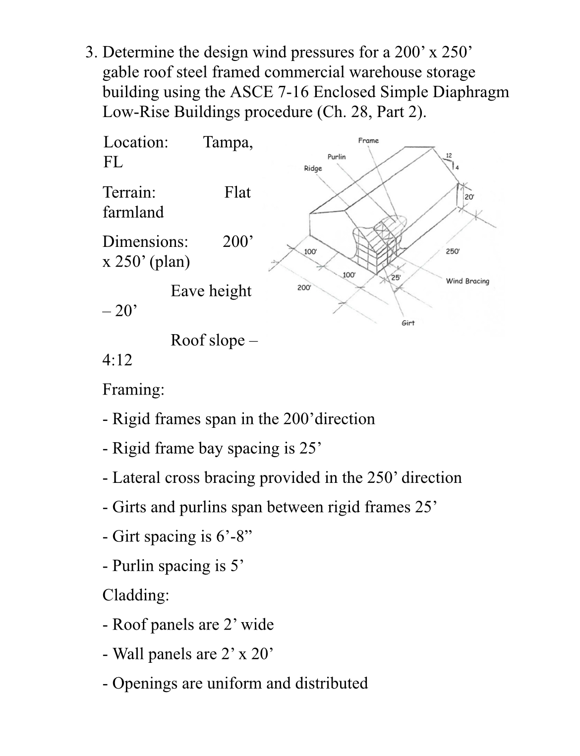 Solved Determine the design wind pressures for a 200'×250 ' | Chegg.com