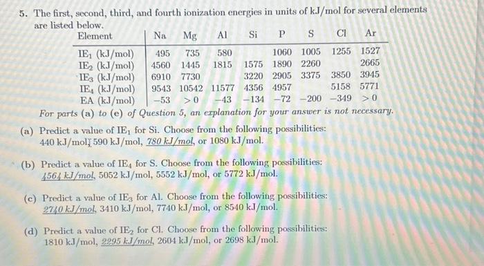 Solved 5. The first, second, third, and fourth ionization | Chegg.com