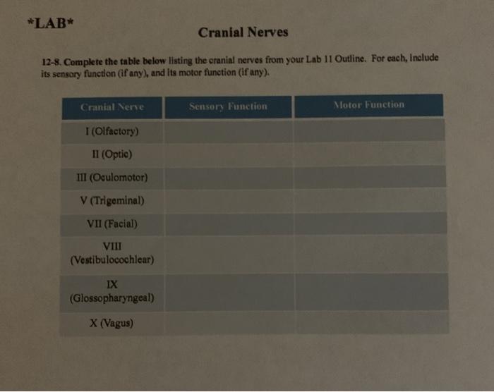 Solved *LAB* Cranial Nerves 12-8. Complete the table below | Chegg.com