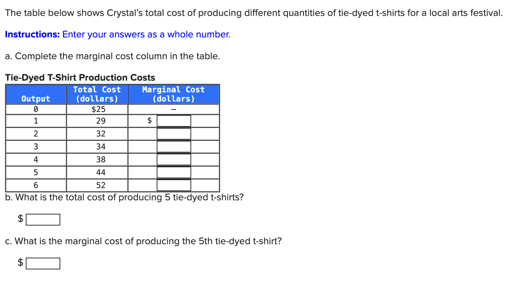 Solved The table below shows Crystal's total cost of | Chegg.com