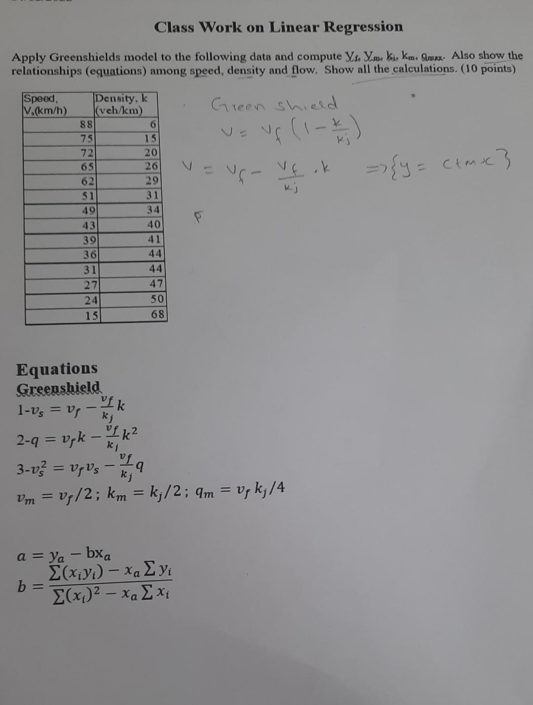 Class Work on Linear Regression Apply Greenshields | Chegg.com