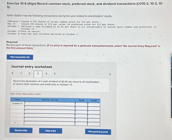 Solved Exercise 10-6 (Algo) Record common stock, preferred | Chegg.com