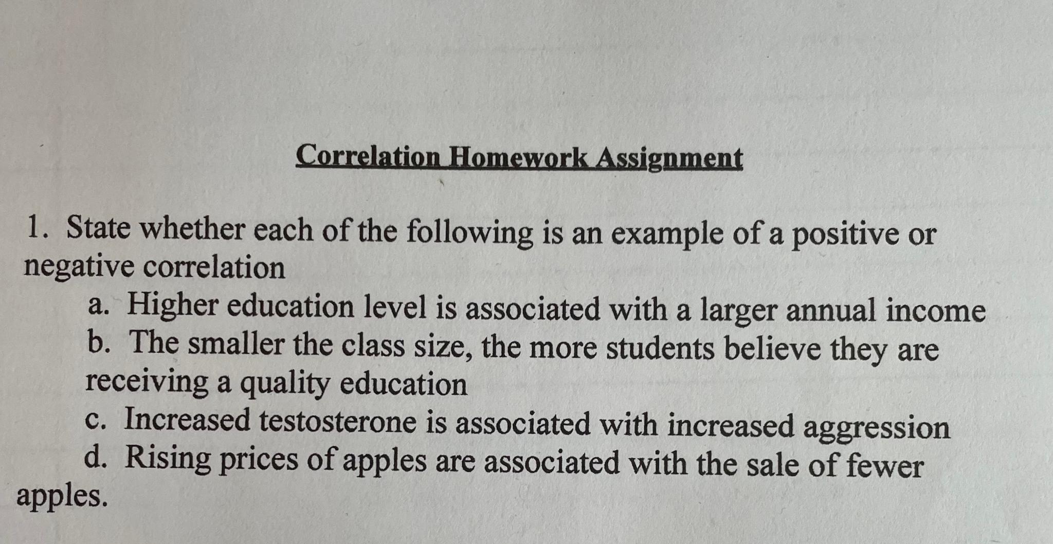 Solved Correlation Homework AssignmentState whether each of | Chegg.com