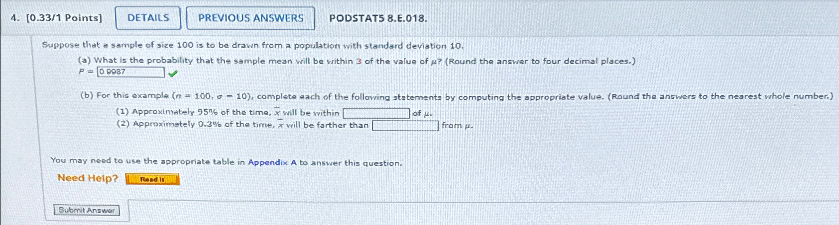 Solved Points]PODSTAT5 8.E.018.Suppose that a sample of size | Chegg.com