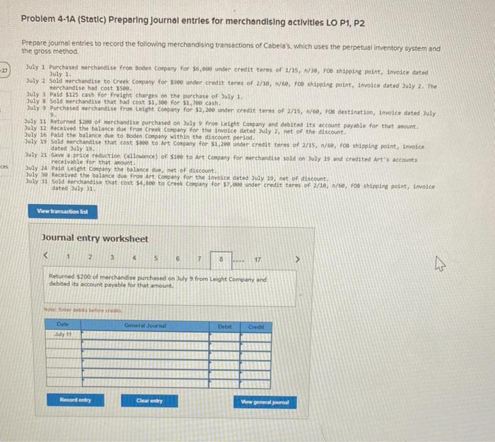 Solved Problem 4-1A (Static) Preparing Journal entries for | Chegg.com