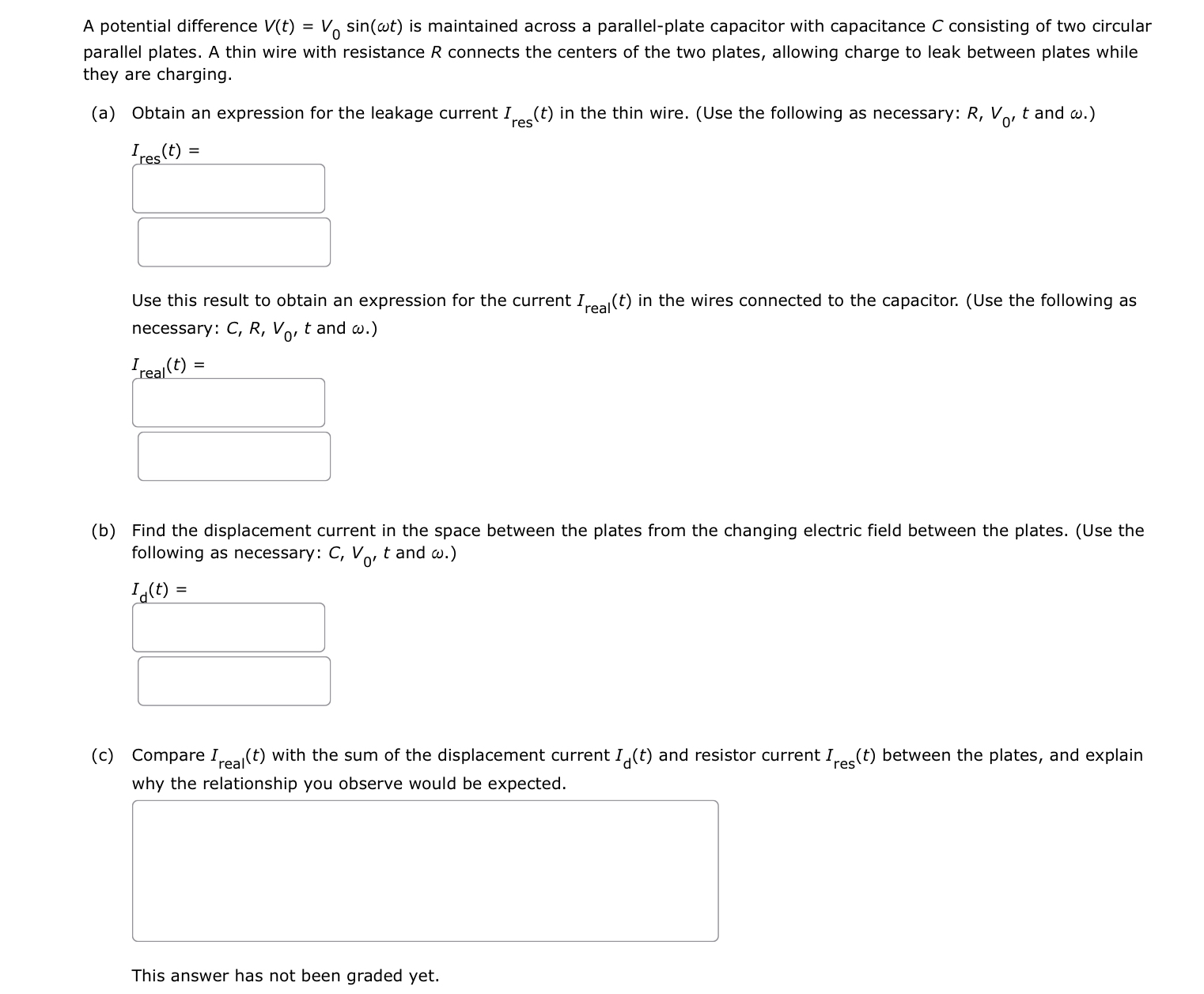 Solved A potential difference V(t)=V0sin(ωt) ﻿is maintained | Chegg.com