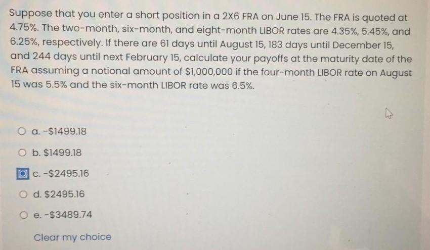 Solved Suppose that you enter a short position in a 2X6 FRA | Chegg.com