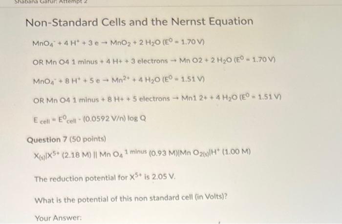 Solved Non-Standard Cells and the Nernst Equation | Chegg.com