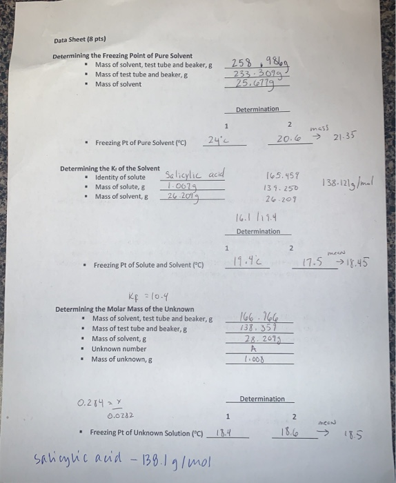 Solved Data Sheet (8 pts) 2 Determining the Freezing Point | Chegg.com