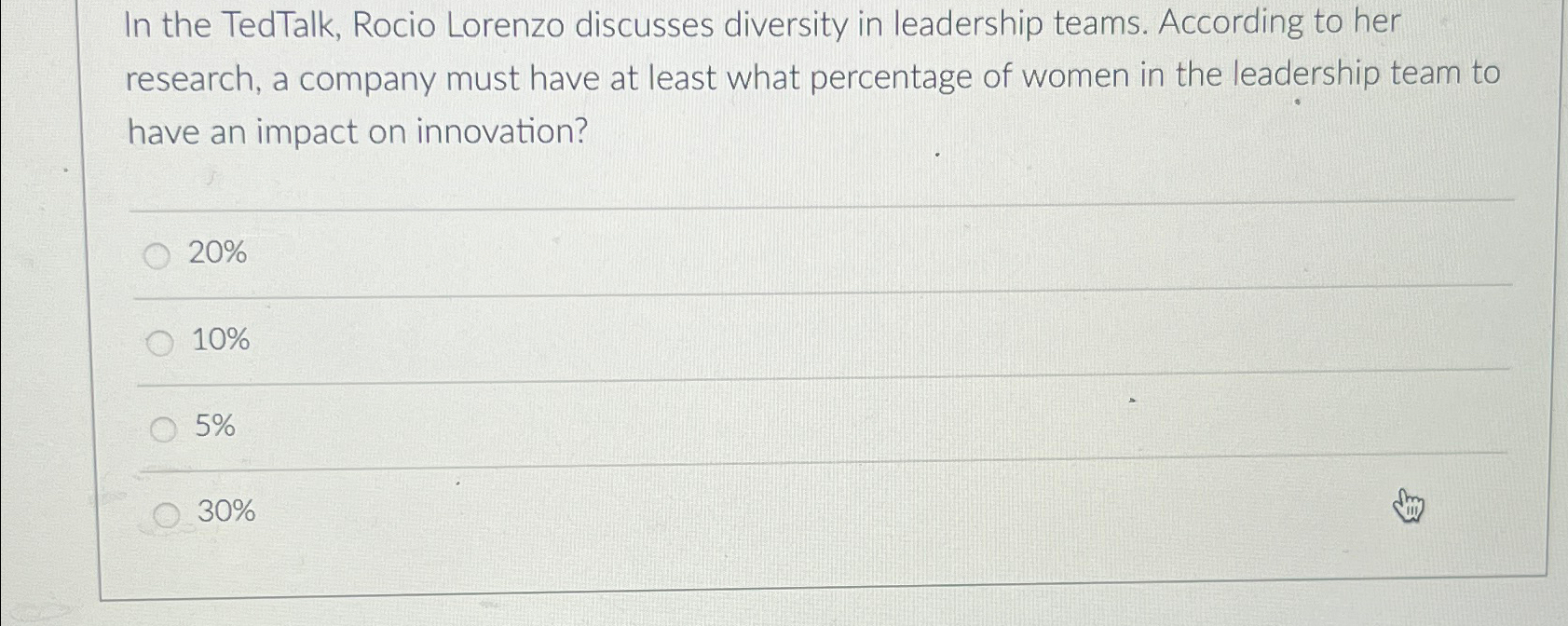 Solved In the TedTalk, Rocio Lorenzo discusses diversity in | Chegg.com