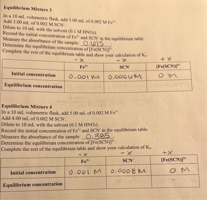 Solved Equilibrium Mixture 3 In a 10 mL volumetric flask, | Chegg.com