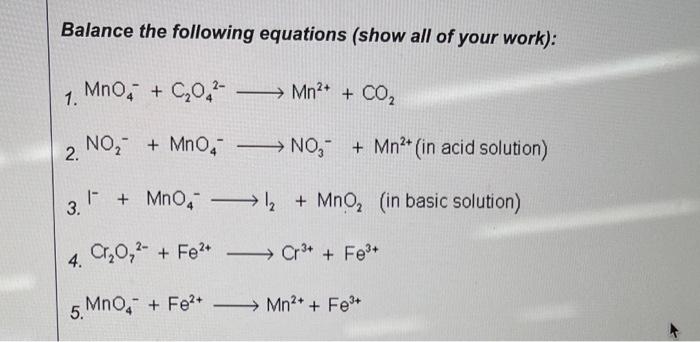 Solved Balance the following equations (show all of your | Chegg.com