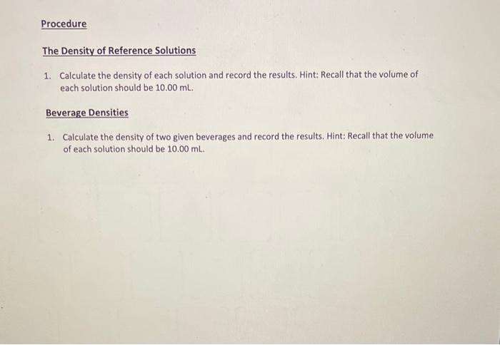 Solved The Density of Reference Solutions 1. Calculate the | Chegg.com