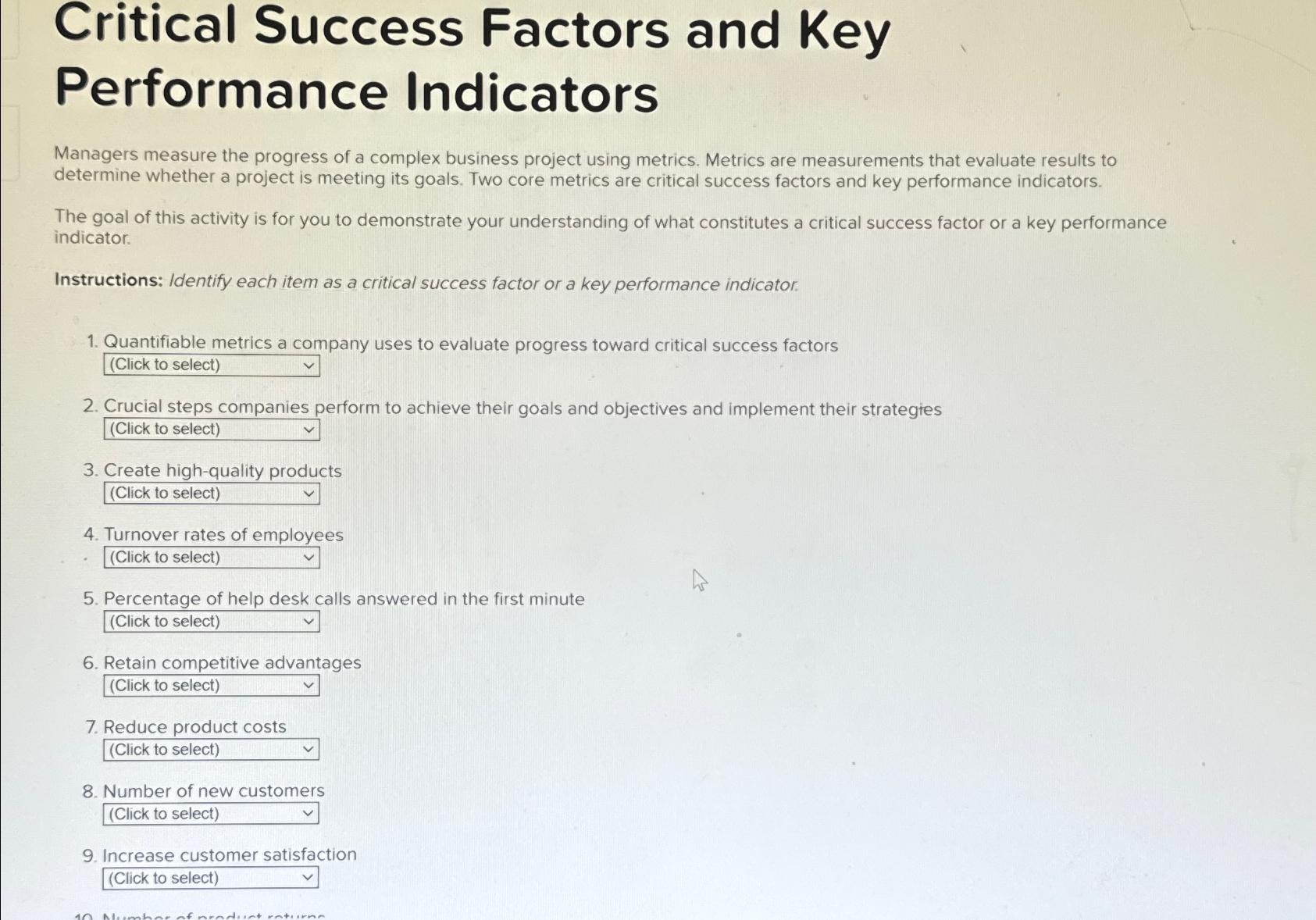 Solved Critical Success Factors and Key Performance | Chegg.com