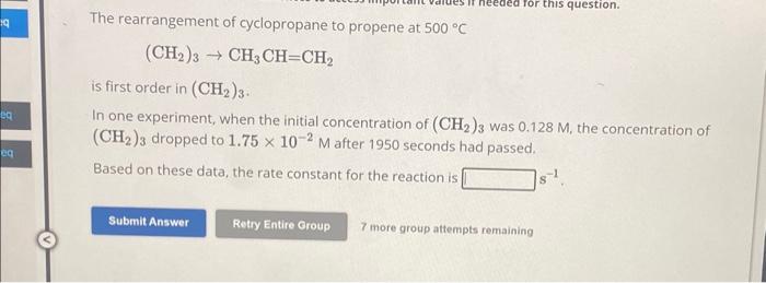 Solved The rearrangement of cyclopropane to propene at 500∘C | Chegg.com