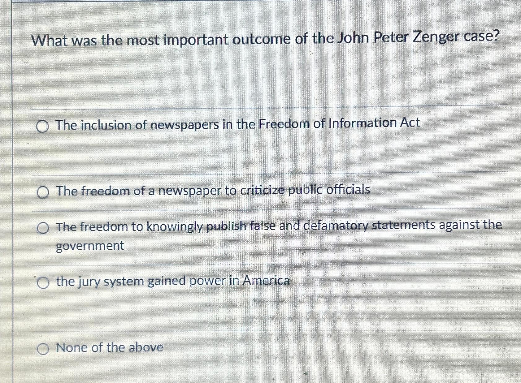 Solved What was the most important outcome of the John Peter | Chegg.com