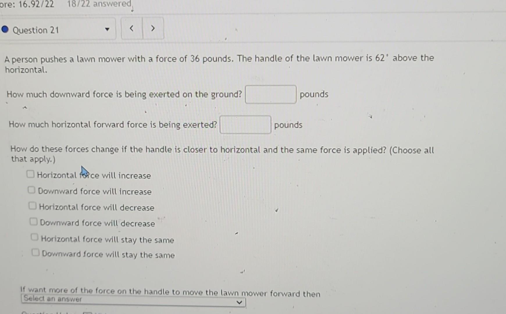 Solved A person pushes a lawn mower with a force of 36 | Chegg.com