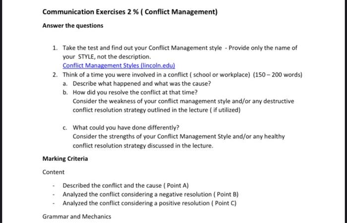 Communication Exercises 2 % ( Conflict Management) | Chegg.com