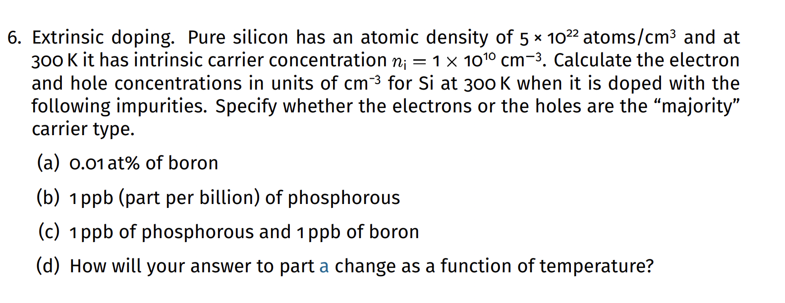 Solved Extrinsic doping. Pure silicon has an atomic density | Chegg.com