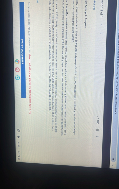 Solved stion 1 ﻿of 1-100Policiesent Attempt in Progresswifty | Chegg.com