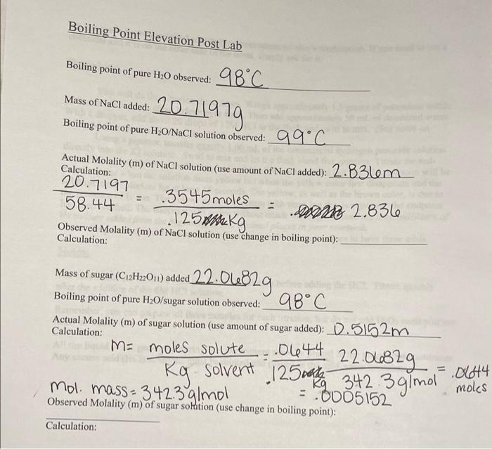 Solved Boiling Point Elevation Post Lab 20.71979 Boiling | Chegg.com