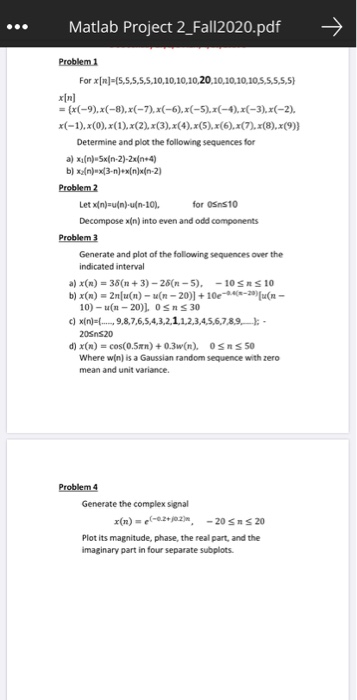 Matlab Project 2_Fall2020.pdf Problem 1 For | Chegg.com