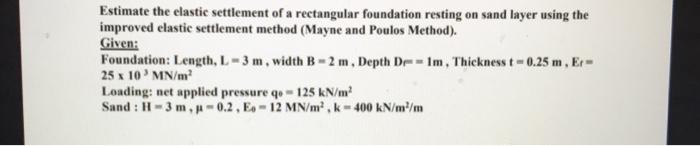 Solved Estimate the elastic settlement of a rectangular | Chegg.com