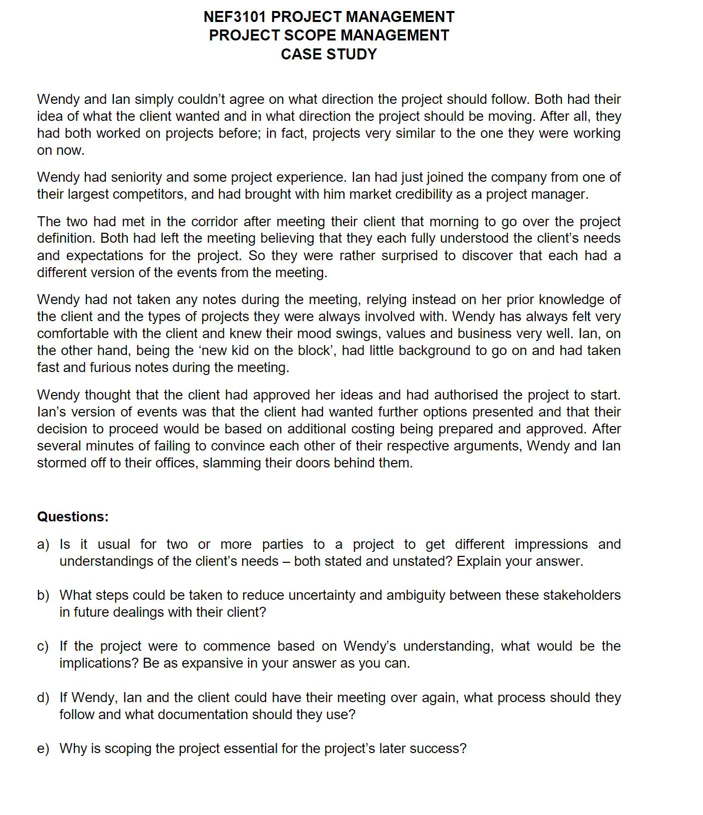 Solved NEF3101 ﻿PROJECT MANAGEMENTPROJECT SCOPE | Chegg.com
