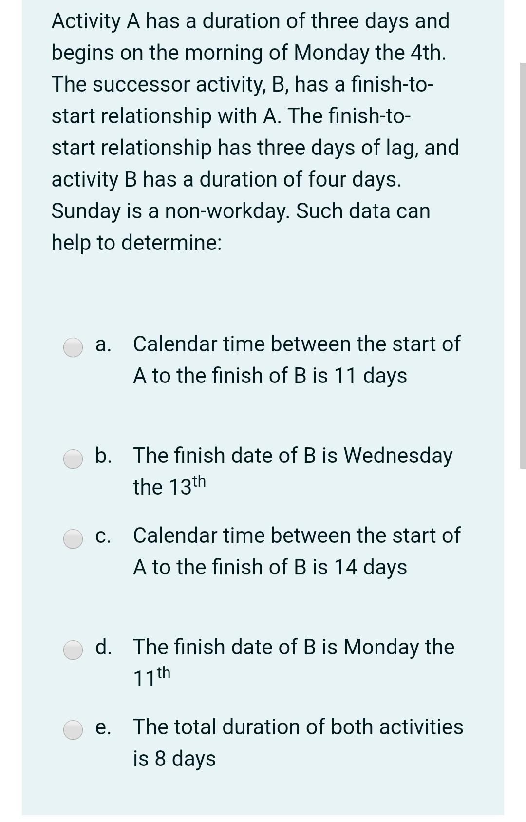 Solved Activity A has a duration of three days and begins on | Chegg.com