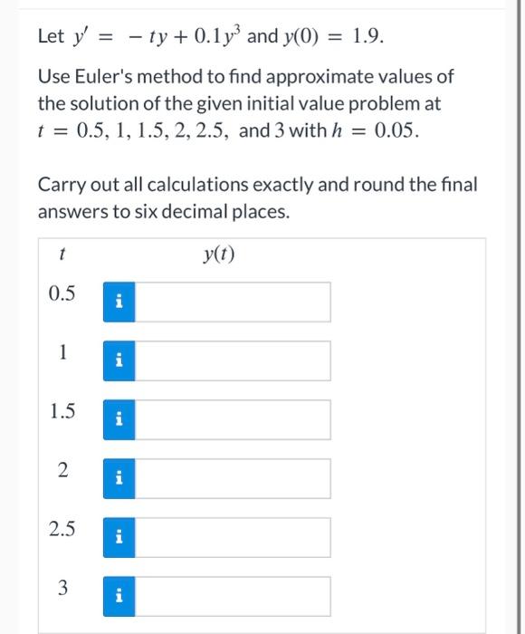 Solved Let y′=−ty+0.1y3 and y(0)=1.9. Use Euler's method to | Chegg.com