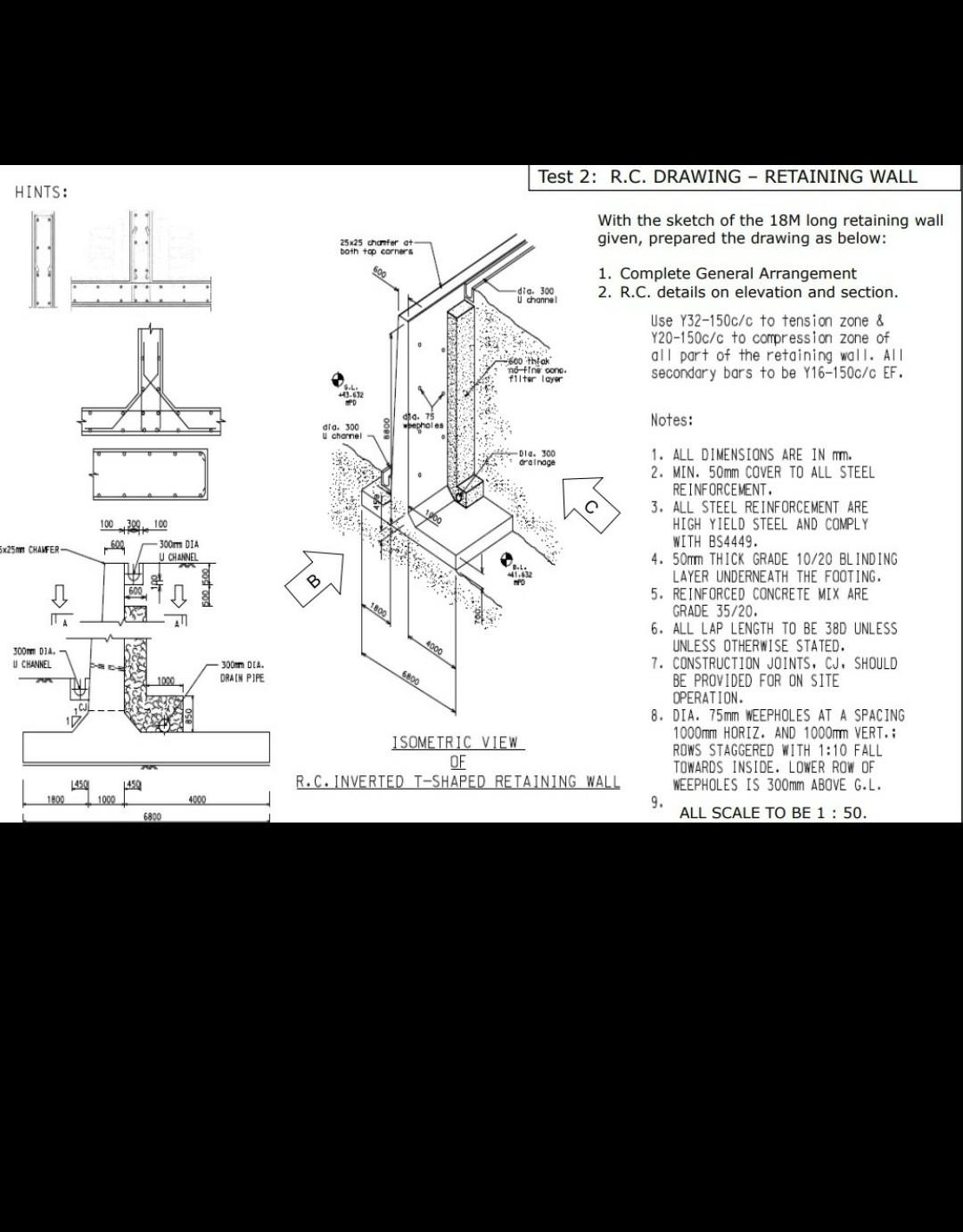 Test 2: R.C. DRAWING - RETAINING WALL HINTS: 25x25 | Chegg.com
