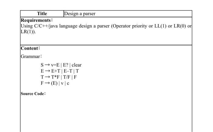 Solved Title Design a parser Requirements: Using C/C++/java | Chegg.com