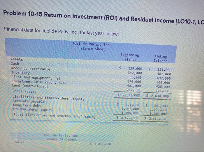 Solved Problem 10-15 Return on Investment (ROI) and Residual | Chegg.com