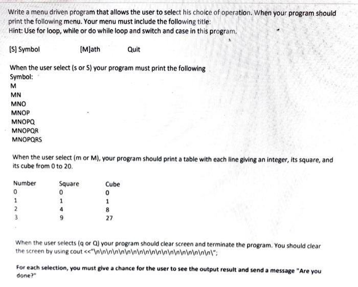 Solved Write a menu driven program that allows the user to | Chegg.com