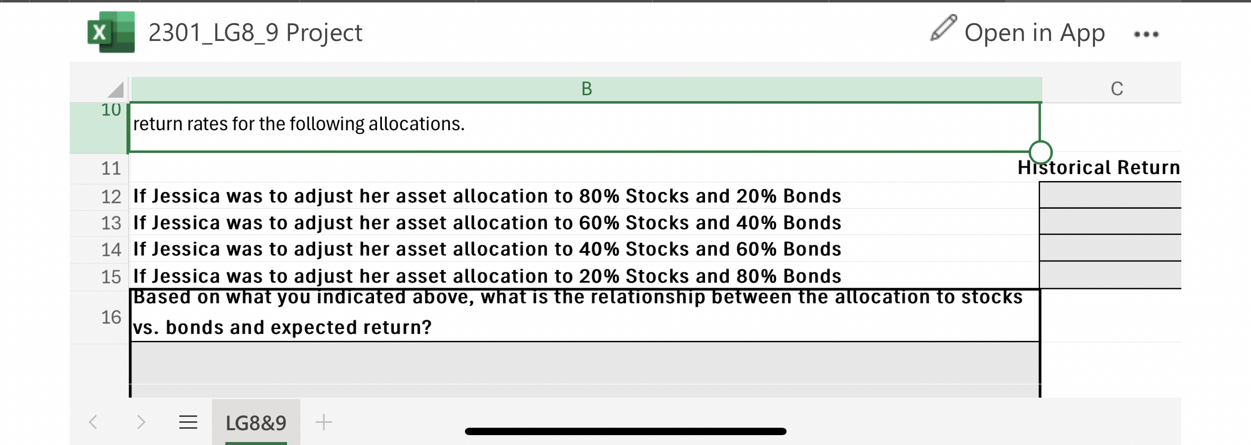 Solved 2301_LG8_9 ﻿ProjectOpen in AppBC10 ﻿return rates for | Chegg.com