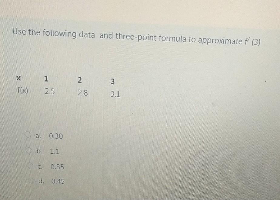 Solved Use the following data and three-point formula to | Chegg.com