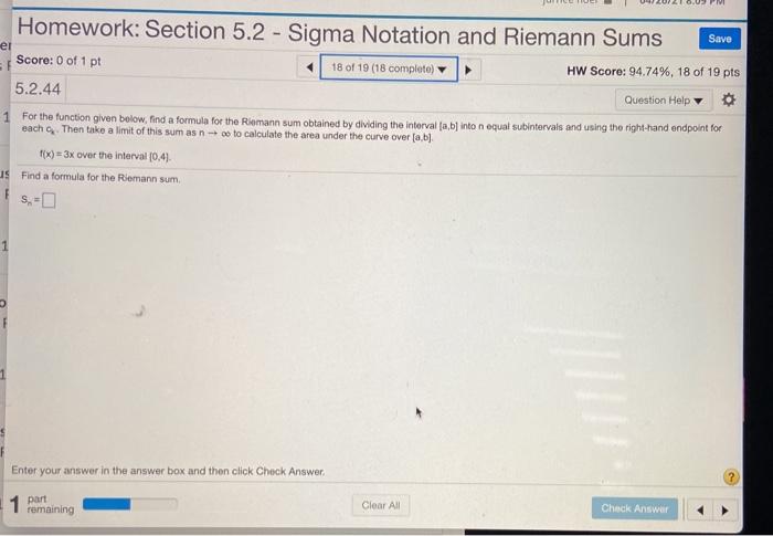 Solved Homework: Section 5.2 - Sigma Notation and Riemann | Chegg.com