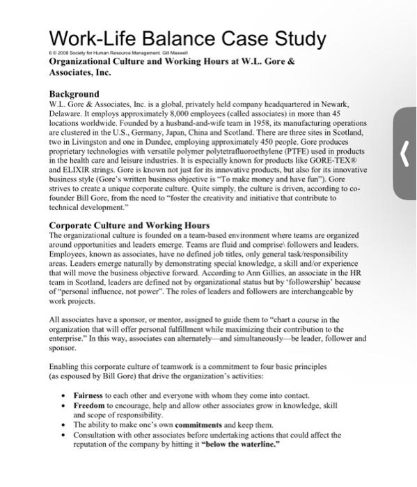 Solved Work-Lite Balance Case Study Organizational Culture | Chegg.com