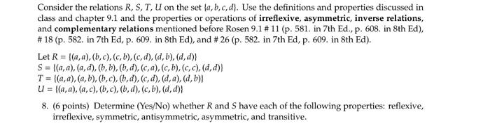 Solved Consider the relations R,S,T,U on the set {a,b,c,d}. | Chegg.com