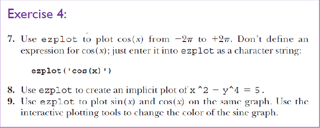 Solved MATLAB Exercise 4:Use ezplot to plot cos(x) ﻿from | Chegg.com