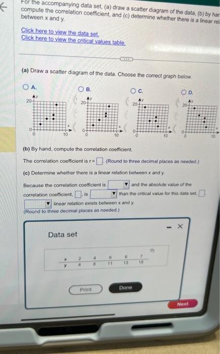 Solved For the accompanying data set, (a) draw a scatter | Chegg.com