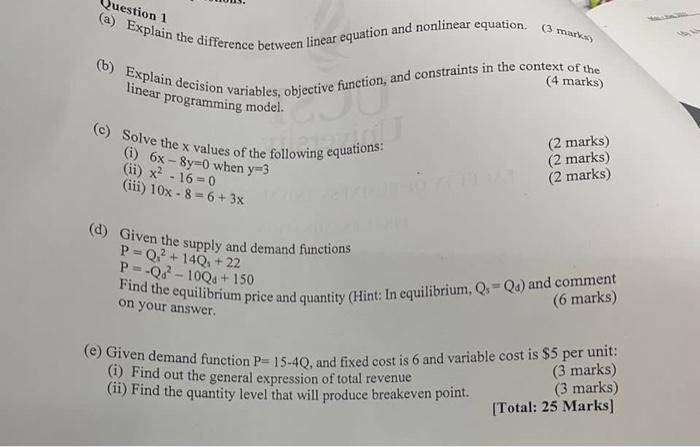 Solved (a) Explain the difference between linear equation | Chegg.com