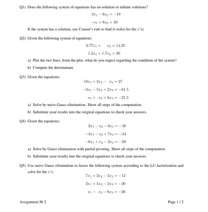Solved Q1 Does The Following System Of Equations Has No