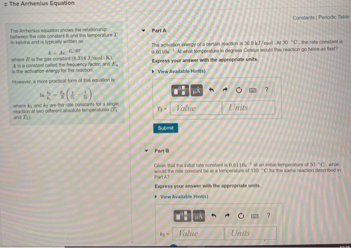 Solved The Arrhenius Equation Constants Periodic Table Part | Chegg.com