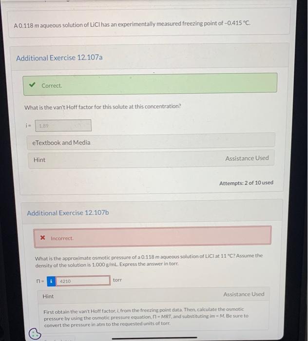 Solved A 0.118 m aqueous solution of LiCl has an | Chegg.com