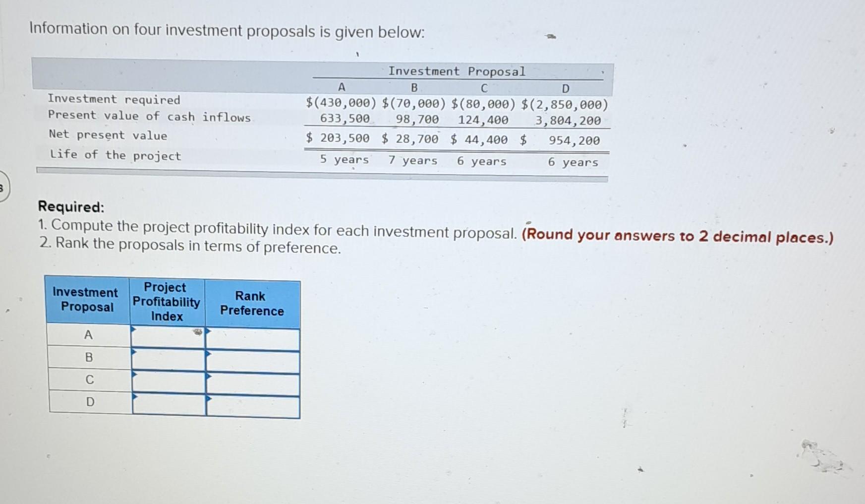 Solved Information on four investment proposals is given | Chegg.com