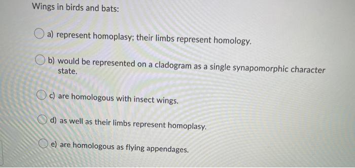 Solved Wings in birds and bats: a) represent homoplasy; | Chegg.com